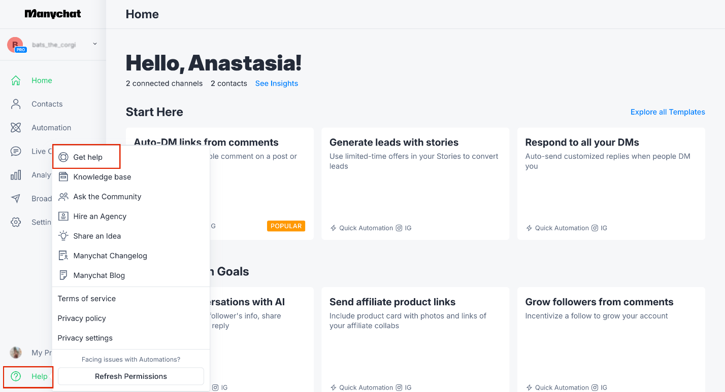 Como obter suporte da Manychat – Manychat Ajuda